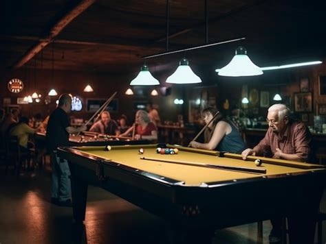 Premium Ai Image People Playing Pool In A Bar With A Sign That Saysthe Word Pool
