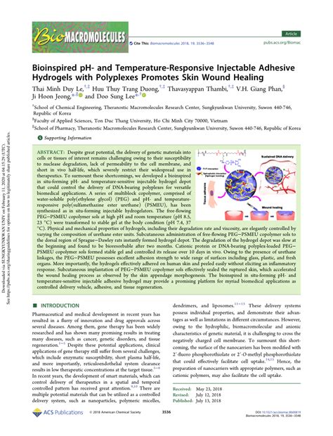 Pdf Bioinspired Ph And Temperature Responsive Injectable Adhesive