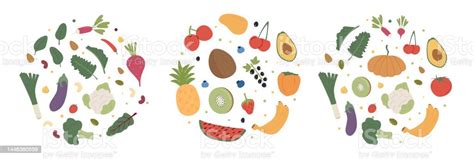 둥근 원에 유기농 야채와 과일의 집합입니다 신선한 현지 농장 채소와 딸기 컬렉션 건강 한 채식 음식 포스터입니다 가을과 열대 여름 수확의 평면 벡터 그림 개체 그룹에 대한