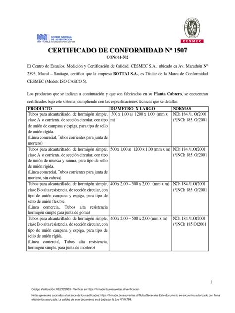 Certificado De Conformidad 1507 Producto Diametro X Largo Normas