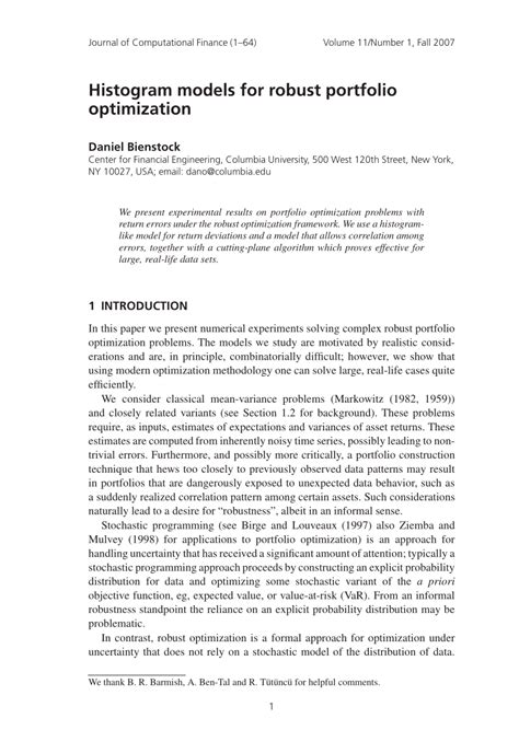 Pdf Histogram Models For Robust Portfolio Optimization