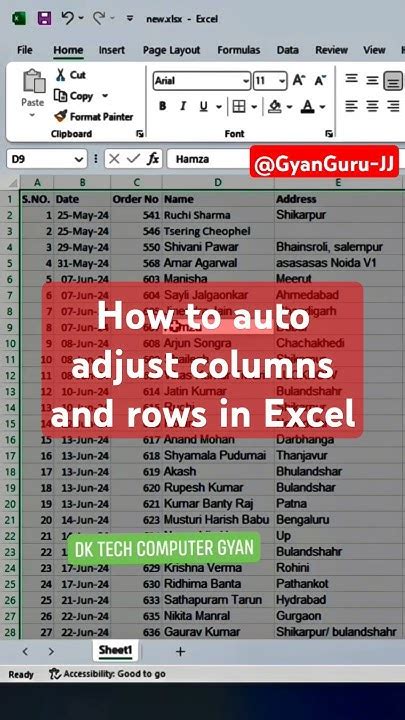 how to auto adjust columns and rows in excel shorts exceltips excel