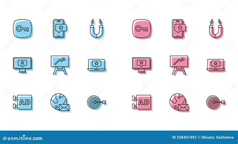 Set Line Advertising Earth Globe With Mail Key Target Board Graph