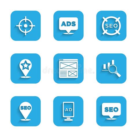 set browser window advertising seo optimization magnifying glass and analysis map pointer