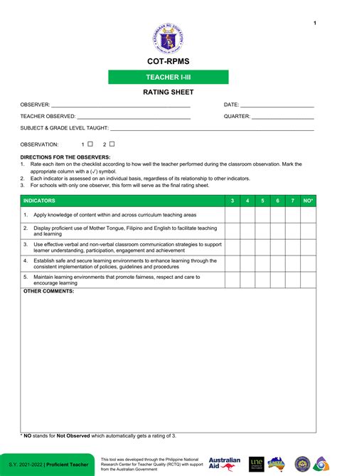 405735841 Cot Rpms Rating Sheet Observation Notes Form 46 Off