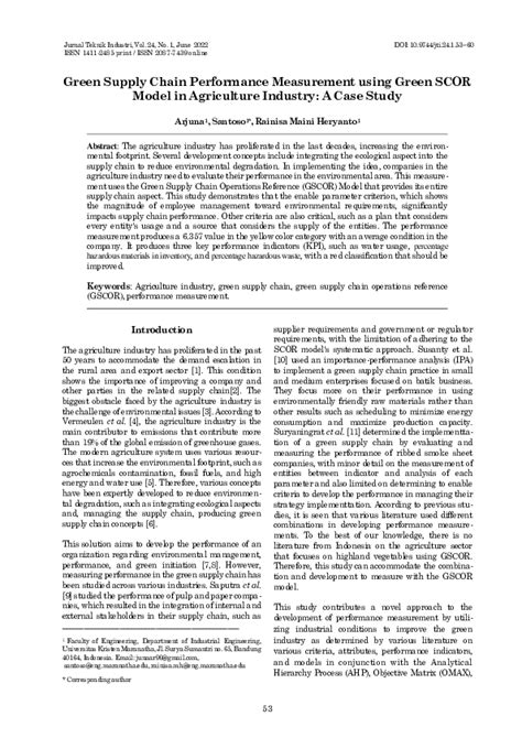 Pdf Green Supply Chain Performance Measurement Using Green Scor Model In Agriculture Industry