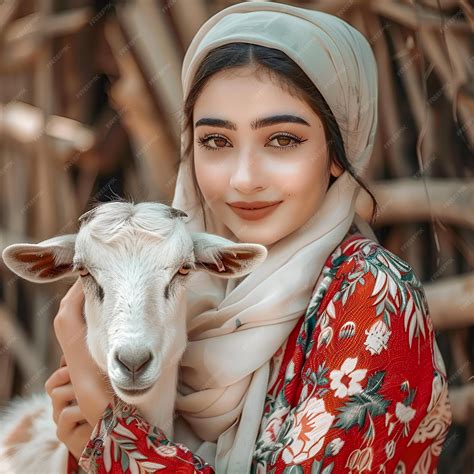Premium Photo Happy Eid Al Adha Mubarak With Muslim Girl With Sheep Eid Al Adha Celebration