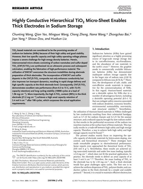 Pdf Highly Conductive Hierarchical Tio2 Micro‐sheet Enables Thick Electrodes In Sodium Storage