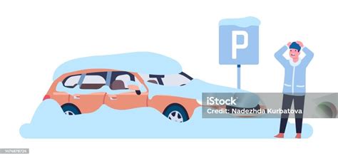 눈으로 뒤덮인 차를 보고 겁에 질린 남자 눈 더미에 있는 자동차 혼란스러운 운전자를 화나게했습니다 겨울 눈보라와 강설량 추운 계절 강수량 냉동 차량 벡터 개념 12월에 대한