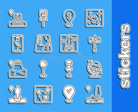 Set Line City Map Navigation Earth Globe Road Traffic Sign Cash Location Compass Mobile