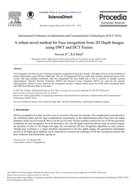 Pdf A Robust Novel Method For Face Recognition From 2d Depth Images Using Dwt And Dct Fusion