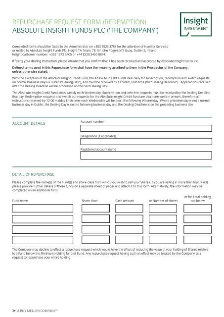 Repurchase Request Form Redemption Insight Investment