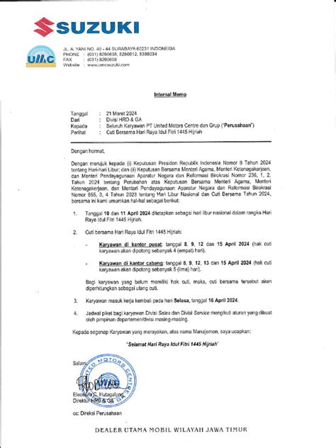 Internal Memo Cuti Bersama Hari Raya Idul Fitri Pdf