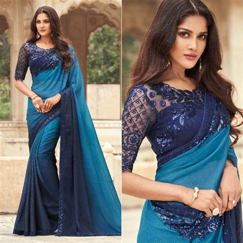 Blue And Navy Blue Floral Sequins Embroidered Art Silk Saree