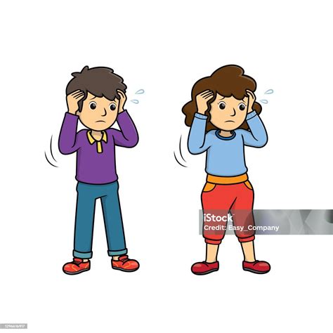 걱정의 느낌을 가진 남자와 여자의 행동 인간의 얼굴 표정이나 감정 개념을 위해 감정을 표현하는 세트로 교재를 작성하는 데 사용됩니다 아이에 대한 스톡 벡터 아트 및 기타