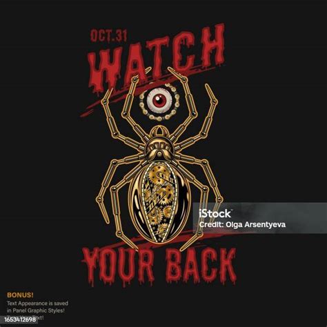 스팀펑크 스타일의 괴물 거미가 있는 할로윈 엠블럼 인간의 빨간 눈알 텍스트 뒤를 조심하세요 편집증 개념 무섭고 소름 끼치고 검은 배경에 할로윈 휴일을 위한 끔찍한 벡터 삽화