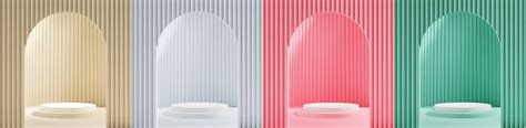 3d 베이지 색 흰색 핑크 그린 장면 배경 흰색 연단과 제품 프리젠 테이션을위한 아치 게이트 실린더 플랫폼과 도어가 있는 추상적인 미니멀 모형 3차원 형태에 대한 스톡 벡터