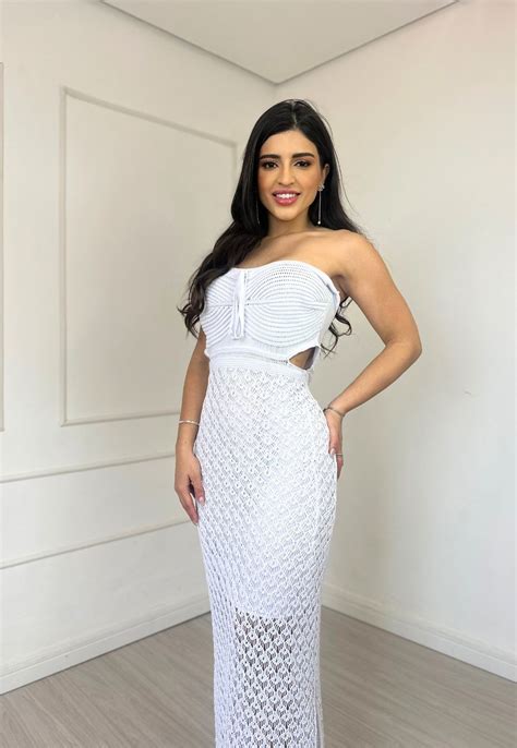 Vestido Longo Tricôt Tomara Que Caia Abertura Lateral Benessi Branco