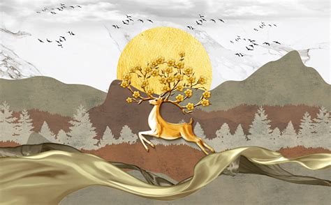 갈색 숲과 흰색 대리석 배경 3d 현대 캔버스 예술 벽화 벽지 황금 사슴 크리스마스 트리 산 흰 새와 일출 벽의 프레임으로 사용하기에 적합합니다 갈색에 대한 스톡 사진 및