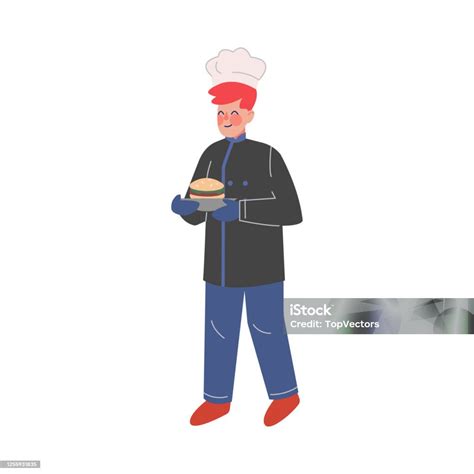갓 조리한 햄버거를 곁들인 남성 전문 셰프 캐릭터 레스토랑이나 카페에서 일하는 전통 유니폼을 입은 남성 베이커 벡터 일러스트레이션 귀여운에 대한 스톡 벡터 아트 및 기타
