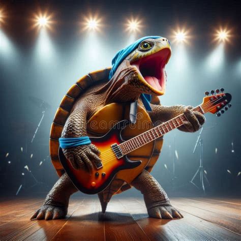 A Turtle Dressed As A Rock Star Playing An Electric Guitar On Stage