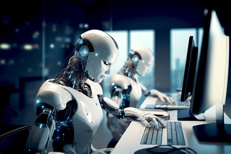 Ai Robot Humanoid Working On Computer Looking At Screen Typing