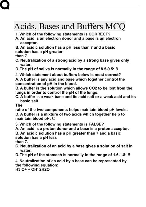 Acids Bases And Buffers MCQ Updated 2022 Acids Bases And Buffers Stuvia US