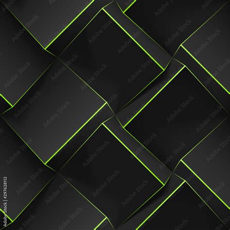 Dark Seamless Geometric Pattern Realistic 3d Cubes With Thin Green Lines Vector Template For