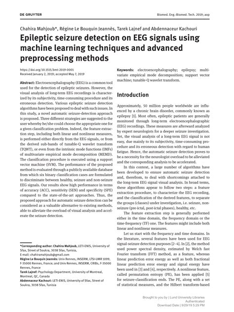 Pdf Epileptic Seizure Detection On Eeg Signals Using Machine Learning Techniques And Advanced