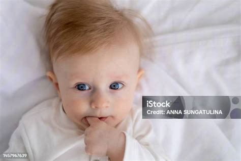 웃는 아기 6 개월 된 금발 소년은 밝은 침실의 흰색 침대에 누워 면 바디 수트 어린이 용품의 개념으로 손가락을 핥습니다 6