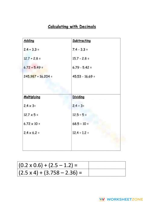 The Four Operations On Decimals Worksheet