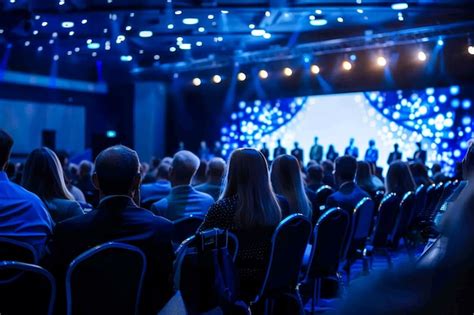 Stylish Business Event Panel Discussion Stage Audience Dark Background Premium Ai Generated Image