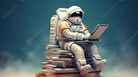 Astronaut Working On A Laptop While Perched On Top Of A Stack Of Books