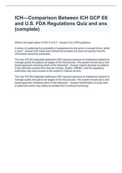 Ich—comparison Between Ich Gcp E6 And U S Fda Regulations Quiz And Ans