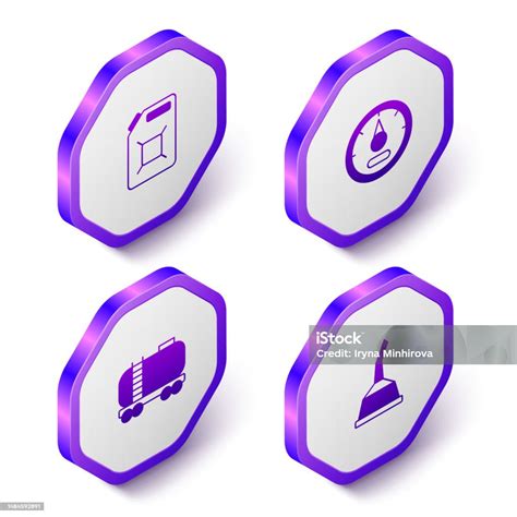 휘발유 모터 게이지 오일 철도 수조 및 모터 머신 오일 아이콘에 대한 아이소메트릭 캐니스터를 설정합니다 보라색 육각형 버튼 벡터 0명에 대한 스톡 벡터 아트 및 기타 이미지