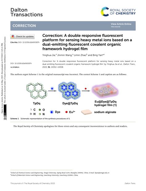 Pdf Correction A Double Responsive Fluorescent Platform For Sensing Heavy Metal Ions Based On