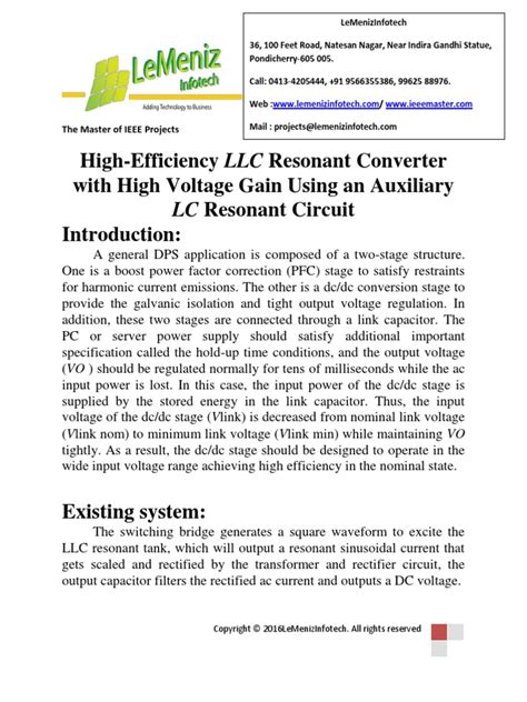 High Efficiency Llc Resonant Converter With High Voltage Gain Using An Auxiliary Lc Resonant