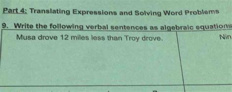 Solved Part 4 Translating Expressions And Solving Word Problems 9