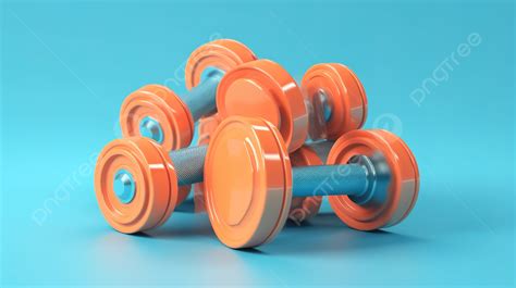 눈에 띄는 오렌지색 플레이트가 있는 3d 렌더링된 덤벨을 보여주는 혁신적인 개념 격리 파란색 배경 아령 바벨 체육관 장비 배경 일러스트 및 사진 무료 다운로드