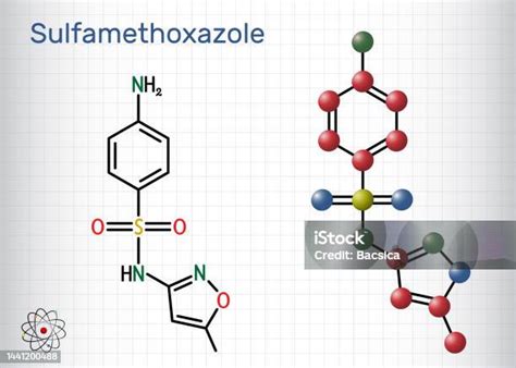 설파 메 톡사 졸 Smz Smx 분자 박테리아 감염에 사용되는 설폰 아미드 항생제입니다 구조 화학식 분자 모델 새장에 종이 한 장 건강관리와 의술에 대한 스톡 벡터 아트 및