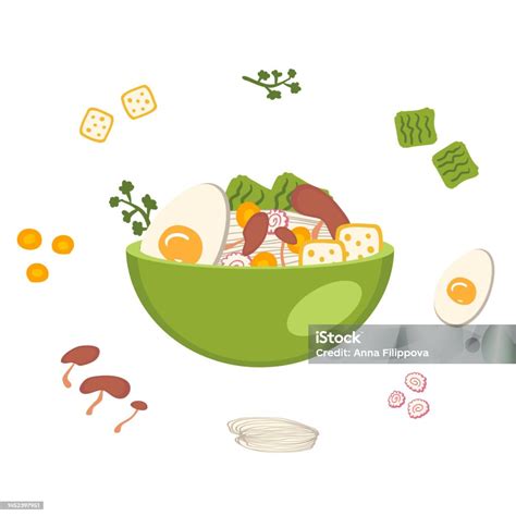 표고 버섯 아시아 음식라면 스프 레시피 재료 티 스티커 메뉴 및 문구류에 적합합니다 장식과 디자인에 대 한 벡터 그림입니다 Washoku에 대한 스톡 벡터 아트 및 기타