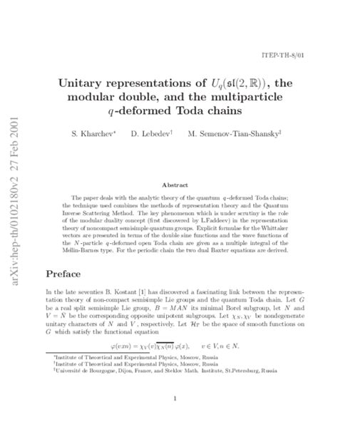 Pdf Unitary Representations Of U Q 𝔰𝔩} 2 ℝ ¶the Modular Double And The Multiparticle Q
