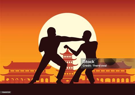중국 복싱 쿵푸 무술 유명한 스포츠 중국 사원과 함께 주위에 함께 두 권투 선수 싸움 가라테에 대한 스톡 벡터 아트 및 기타 이미지 가라테 권투 선수 권투 스포츠