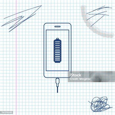 스마트 폰 배터리 충전 라인 스케치 아이콘흰색 배경에 격리 배터리 가 부족하고 Usb 연결이 있는 휴대폰 벡터 일러스트레이션 Usb 케이블에 대한 스톡 벡터 아트 및 기타