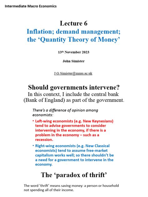 Intermediate Macro Economics Lecture 6 Inflation Pdf Inflation Quantity Theory Of Money