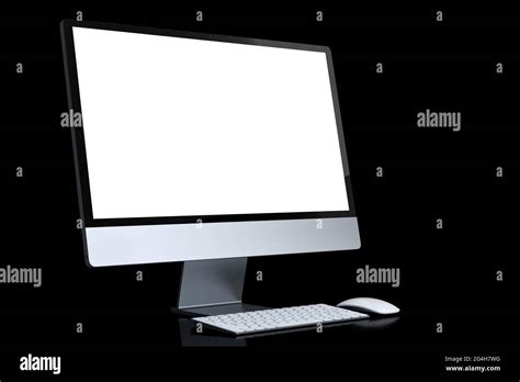 Realistic Grey Computer Screen Display With Keyboard And Mouse Isolated On Black Background 3d