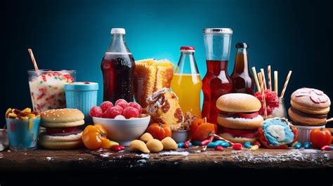 A Variety Of Sugary And Unhealthy Foods And Drinks Such As Candy Soda