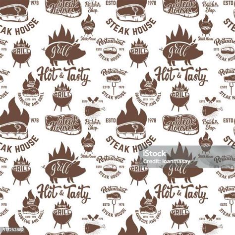 스테이크 하우스 기호로 완벽 한 패턴입니다 그릴 바베 큐 신선한 고기입니다 포스터 전단지 배너 메뉴 메뉴 패키지 디자인 요소입니다 바베큐그릴에 대한 스톡 벡터 아트 및 기타