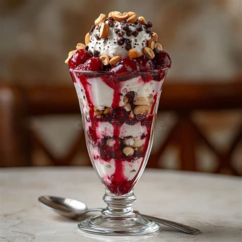 Cherry And Nut Ice Cream Sundae With Whipped Cream Stock Illustration