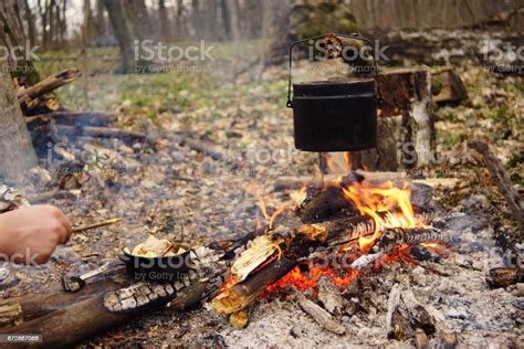 배경에 텐트와 캠프 파이어에 관광 주전자 화재에 대 한 막대기로 손을 가정 주방에 대한 스톡 사진 및 기타 이미지 가정 주방 가정의 방 관광 Istock